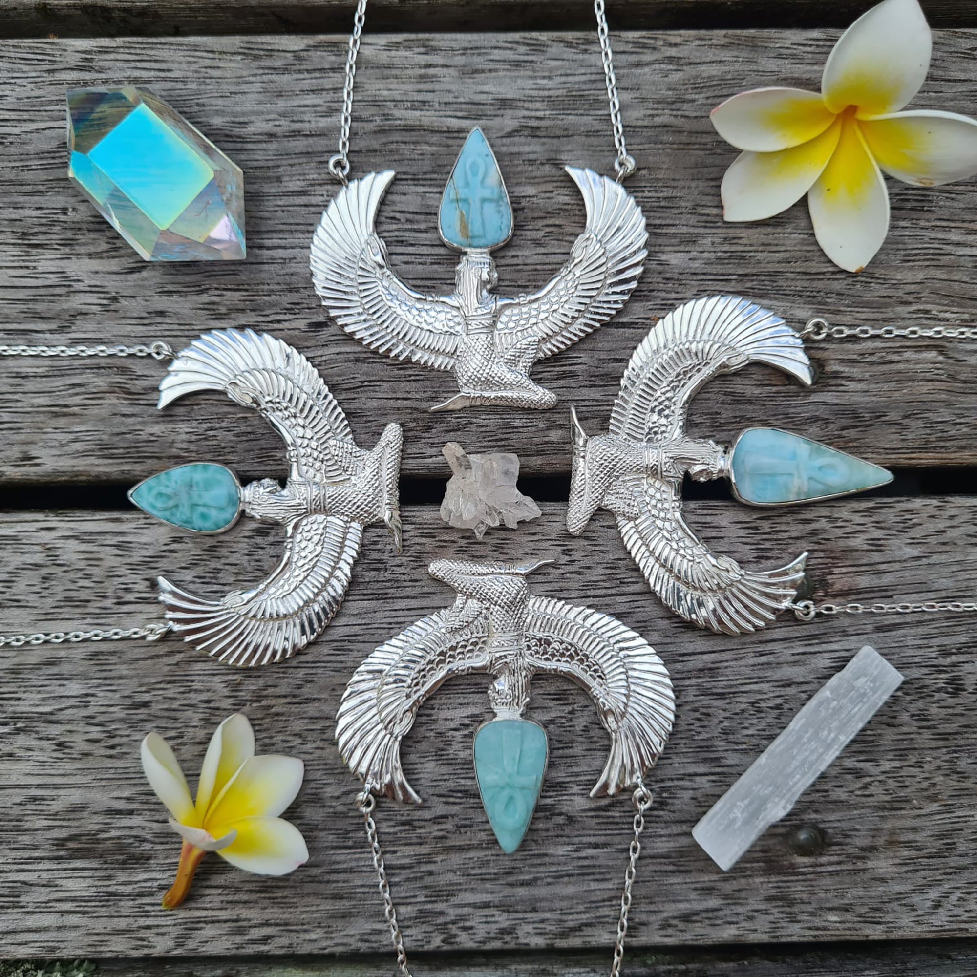 Premium Medium Pure Silver Dipped Isis Goddess Necklace with Larimar – FeatherTribe